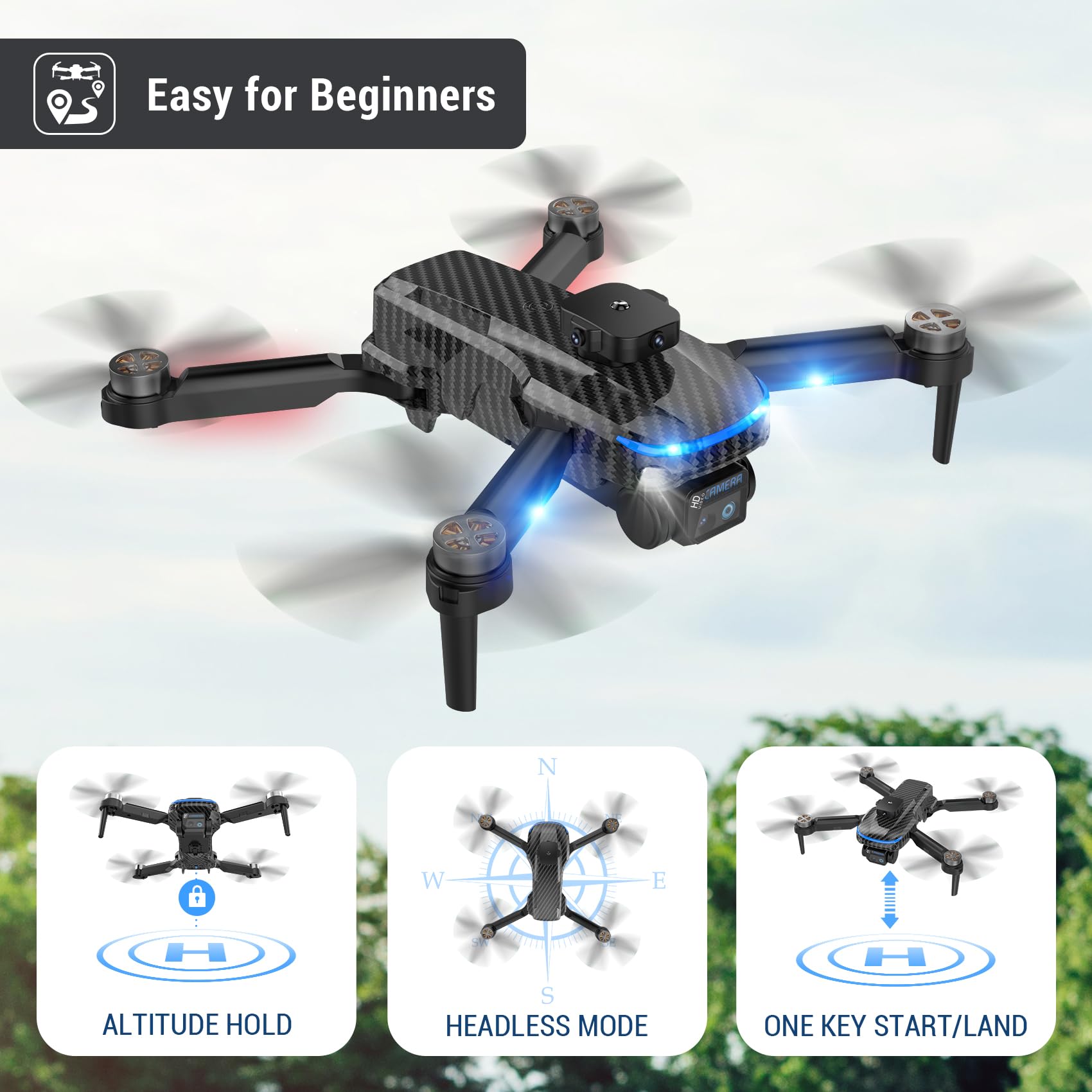 Carbon Fiber Shell 2K Camera Drone,Dual Camera,Four-Sided Obstacle Avoidance,One-Button Lift/Land,2 Modular Batteries,for Children and Beginners