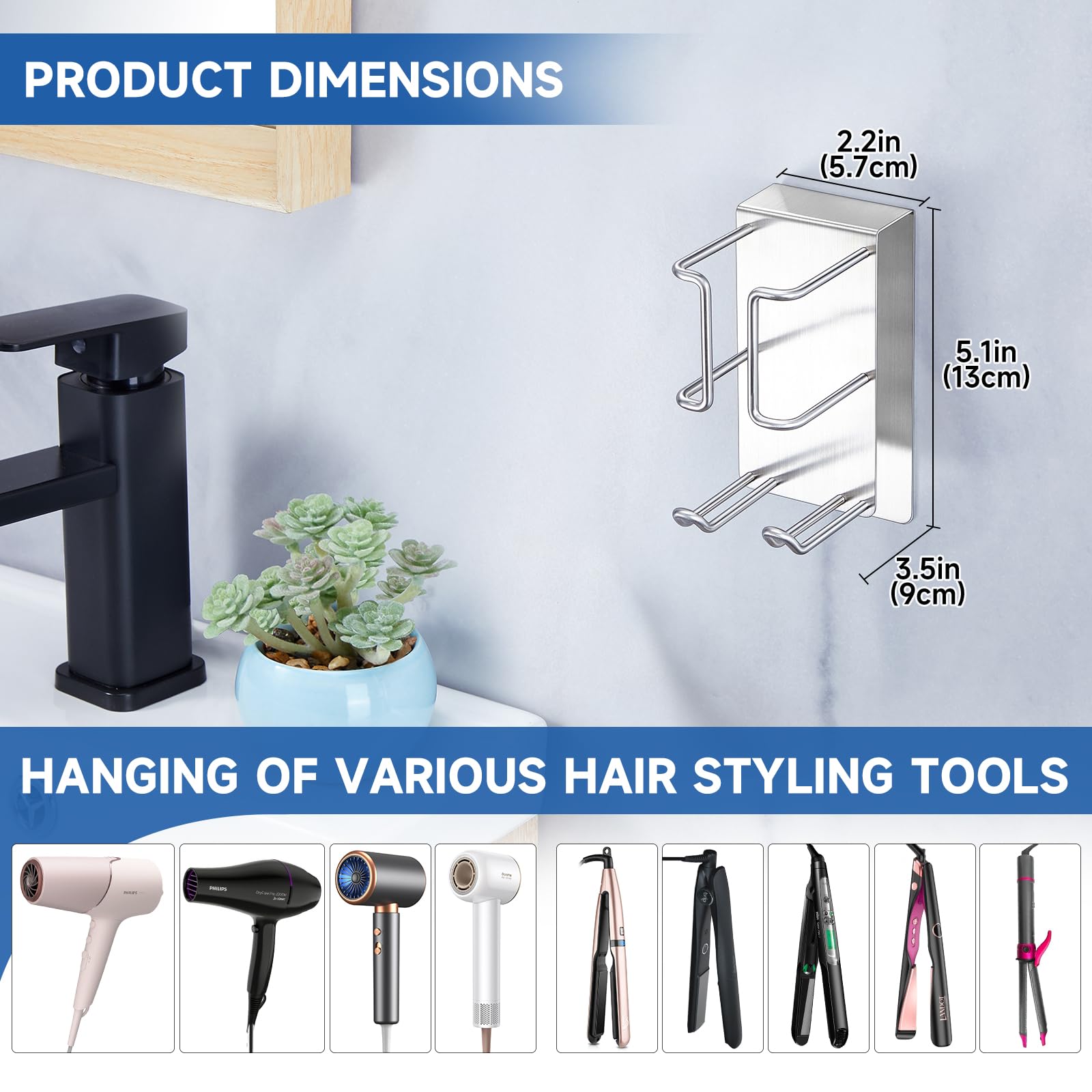 Hair Dryer Holder, XILIMEN Wall Mounted No Drilling Required Straightener Holder, Stainless Steel Curling Iron Holder for Bathroom Bedrooms(Silver)