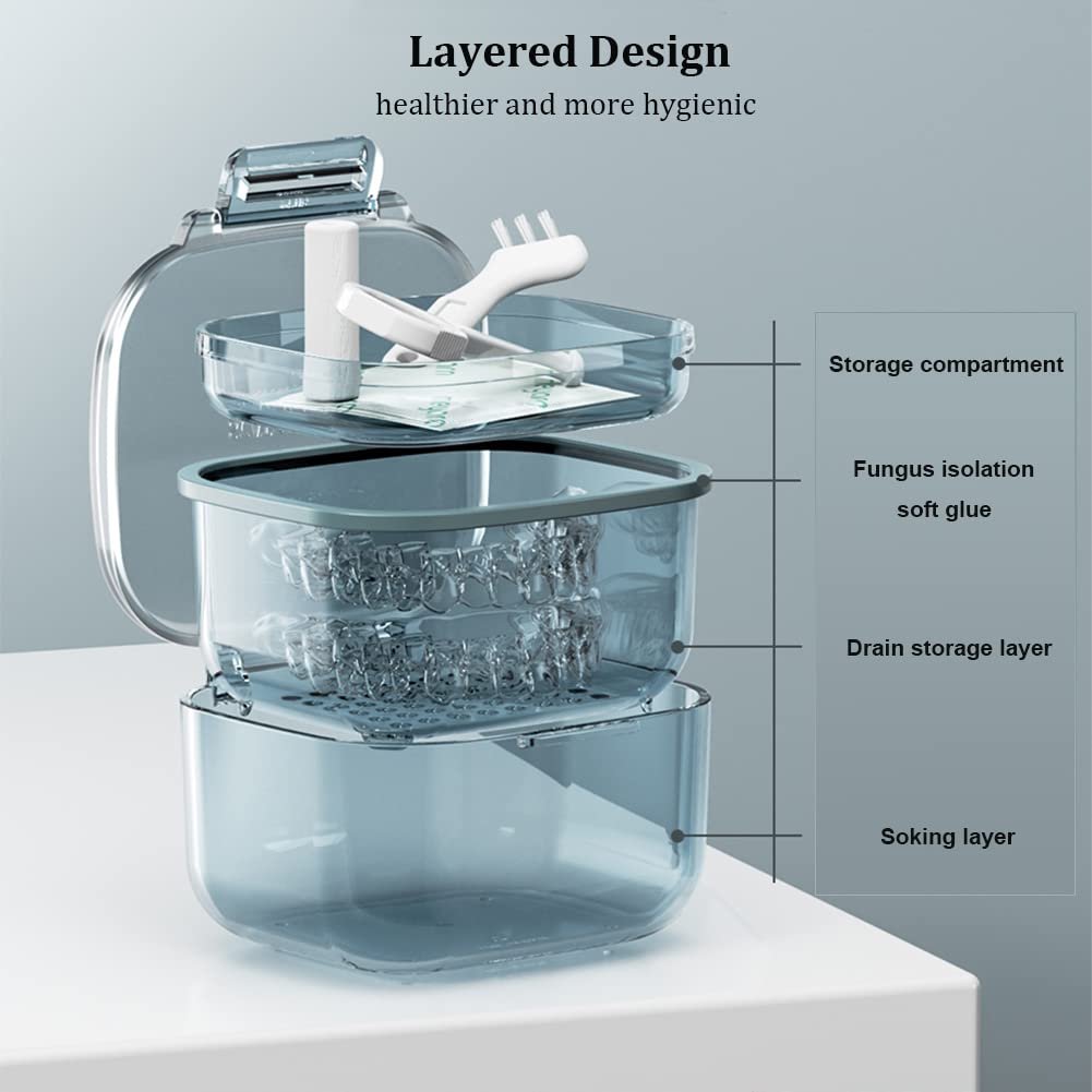 Denture Case, Retainer Case, Denture Bath Box Cup with Strainer basket, Cute Denture Holder Storage Soak Container for Travel Cleaning, Exquisite Retainer cleaner Case, Mouth Guard Case (Blue)