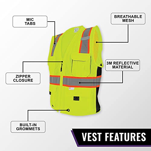 Global Glove Safety Vest with 6 Pockets and Zipper Front, High Visibility, Lightweight and Breathable Mesh, ANSI Class 2 Compliant, X-Large