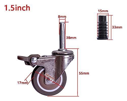 Castor Wheels Moving Caster Wheels Castor Wheels for Office Chair & Crib 1.5''/2inch 50mm Stem M8 with Sleeve 15mm Silent Rubber Swivel Casters Withe Brake (Size : 1.5inch M8 sleeve15mm)