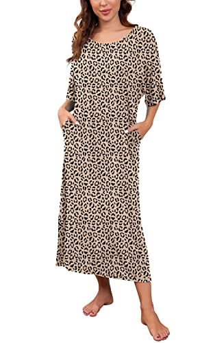 PrinStory Womens Long Nightgown Round Neck Nightshirts Short Sleeve Loose Loungewear Casual Sleep Dress With Pockets FP-Leopard Khaki-X-Large