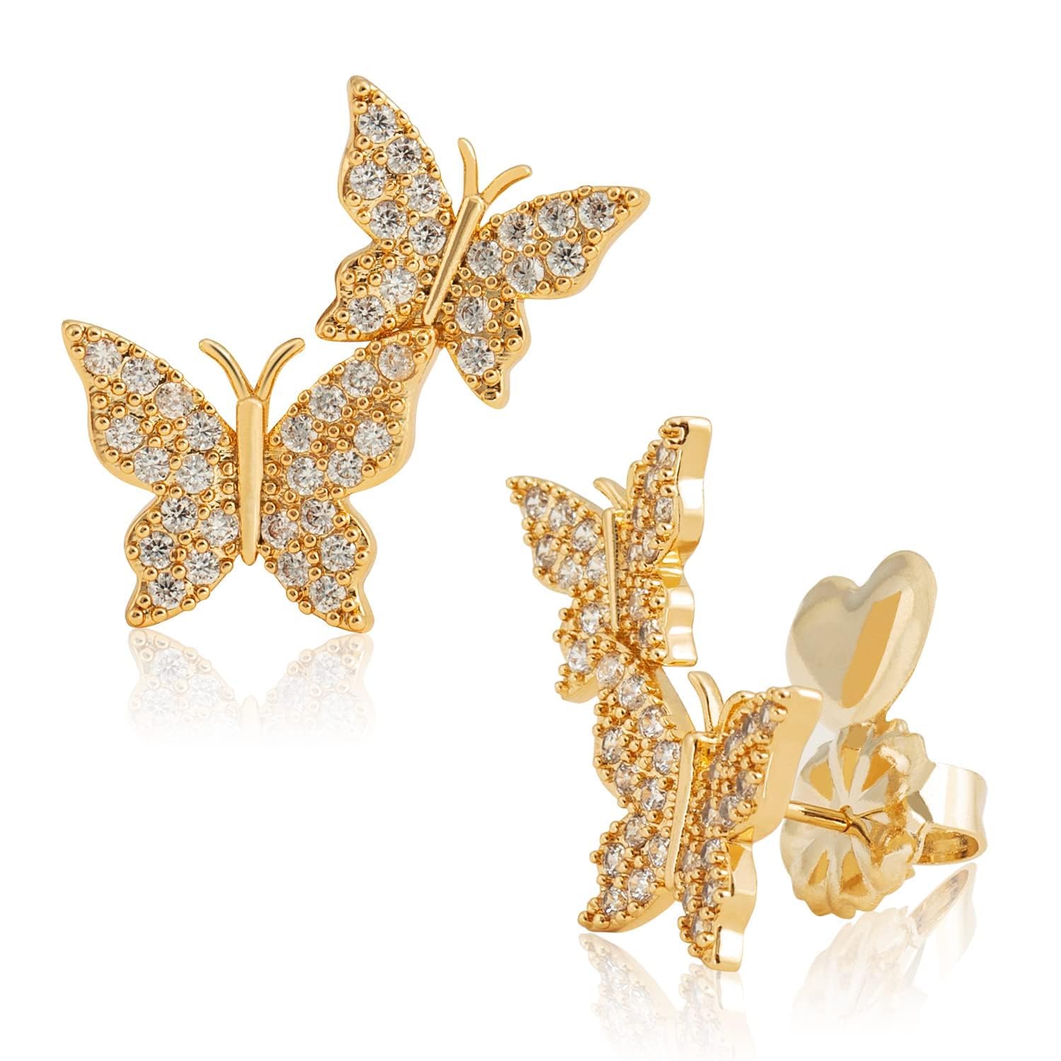 CZ Butterfly Studs Earrings - 14K Gold Plated CZ Pave Butterfly Earrings for Women,Good Gift for Sister,Lover (Gold - A)