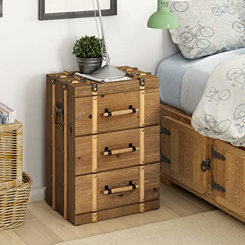 LONYKE Distressed Solid Wood Nightstand with 3-Drawer, Vintage Mid Century End Table Side Table with Metal Handles, Fully Assembled, Retro Brown