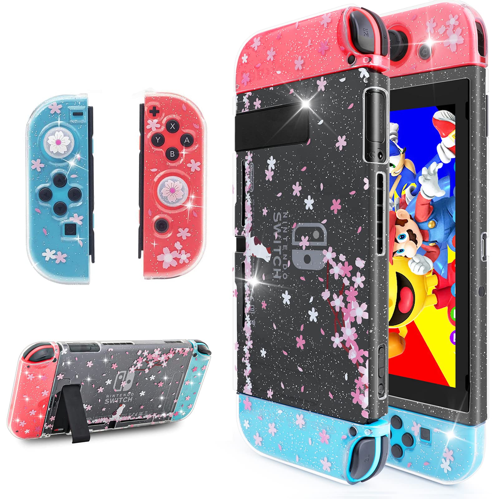Clear Glitter Case for Switch, Cute Dockable Protective Case for Girls Women, Soft TPU Cover with Cherry Blossoms Thumb Grips Compatible with Nintendo Switch and JoyCon Controller - Pink Sakura Cat