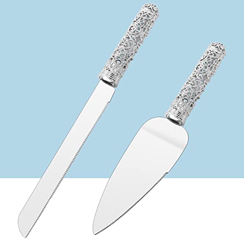 Jozen Gift Wedding Silver Cake Knife and Server Set - 2 Pcs Dessert Set Metal Handle with Crystal Stones Decoration for Wedding, Anniversary Party Birthday Banquets,Gifts for Bride and Groom