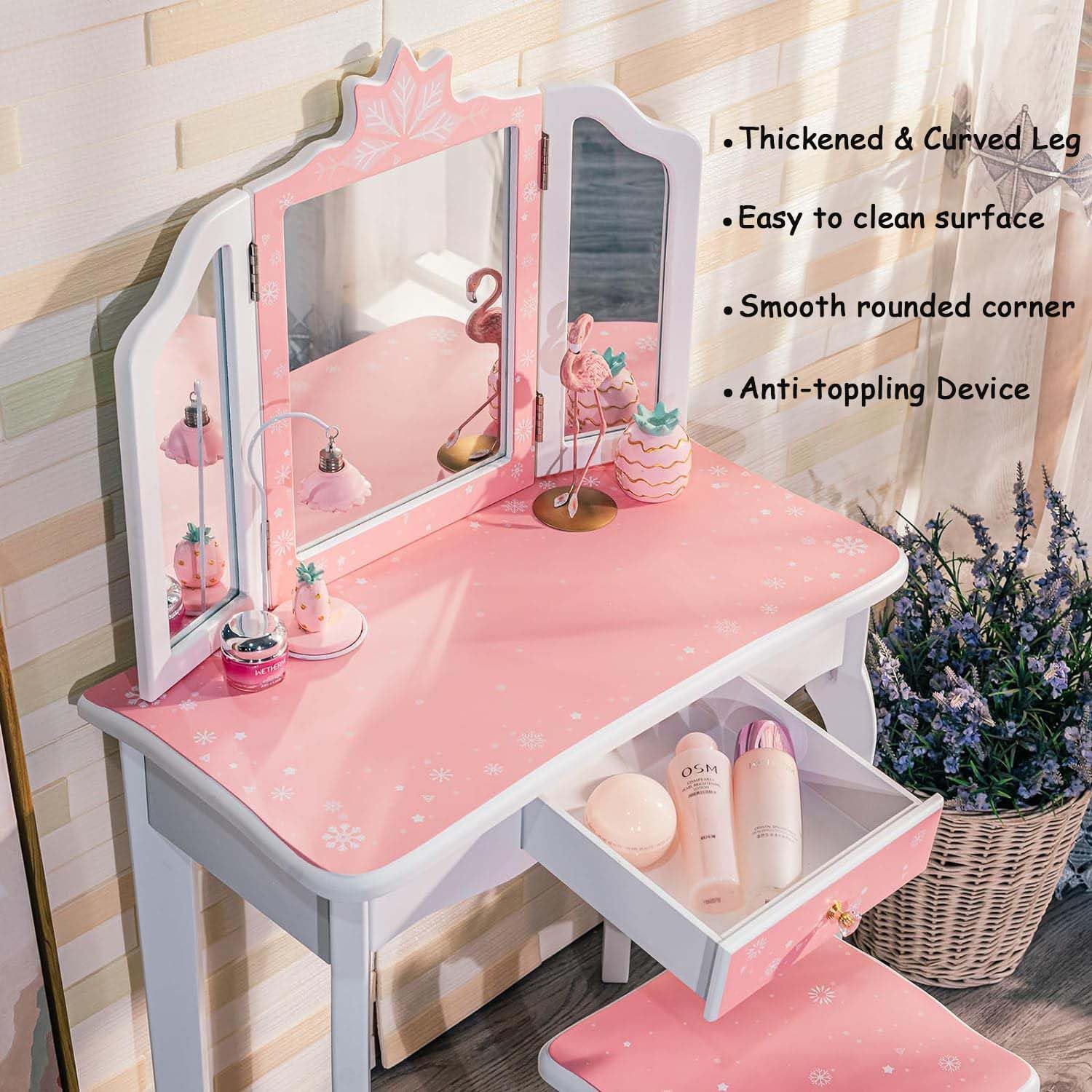 GAOMON Kids Vanity, Girls Vanity Table with Tri-Folding Mirror,Stool & Drawer, 2 in 1 Wooden Princess Makeup Desk Dressing Table, Toddler Vanity,Pretend Play Vanity Set for Kids