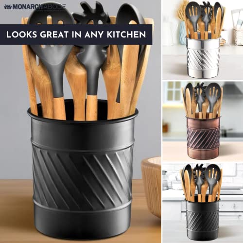 Monarch Abode Handcrafted Wave Embossed Large Metal Kitchen Countertop Utensil Holder Crock Caddy, Antique Copper Finish