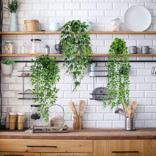 JPSOR 3pcs Fake Hanging Plants, Artificial Hanging Plants Kit, Potted Greenery Faux Eucalyptus Vine Golden Pothos Mandala Vine in Black Pot for Wall Room Patio Office Table Decor