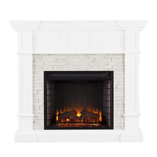 SEI Furniture Merrimack Faux Stone Convertible Electric Corner Fireplace, Fresh White, AMZ8369EF