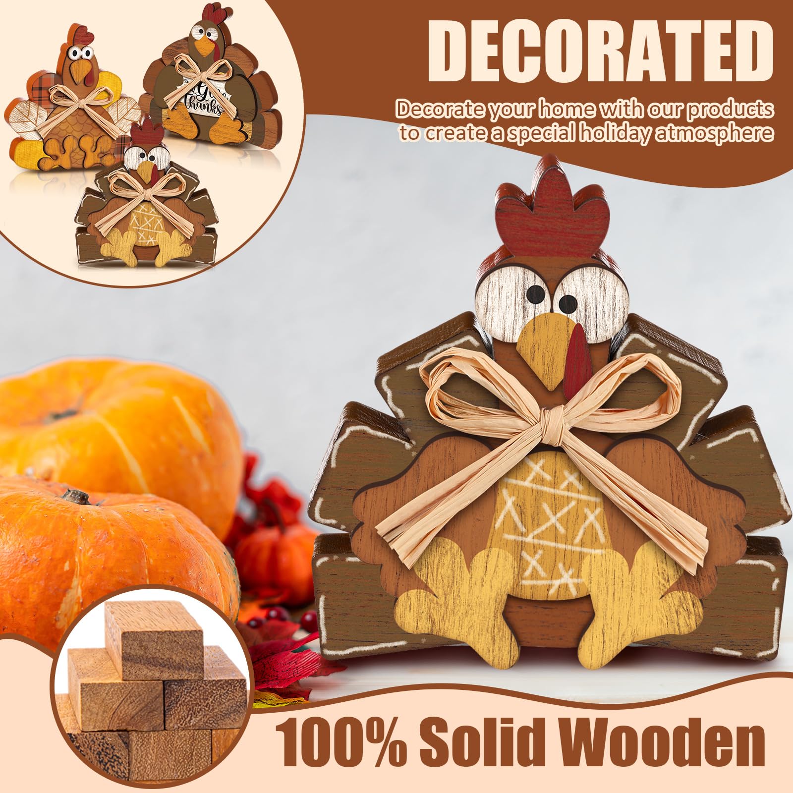 Ferraycle 3 Pcs Thanksgiving Turkey Decor Fall Decor Autumn Farmhouse Sign Rustic Tiered Tray Decorations Table Centerpieces Standing Wooden Block Sign for Halloween Home Kitchen