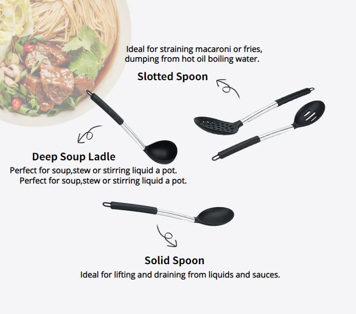 DMFC Kitchen Utensils Set 15 Pieces Kitchenware Supplies Set Silicone Stainless Steel Handle Cooking Nonstick Pot High Temperature Resistant Spatula Spoon Kitchenware. (Black)