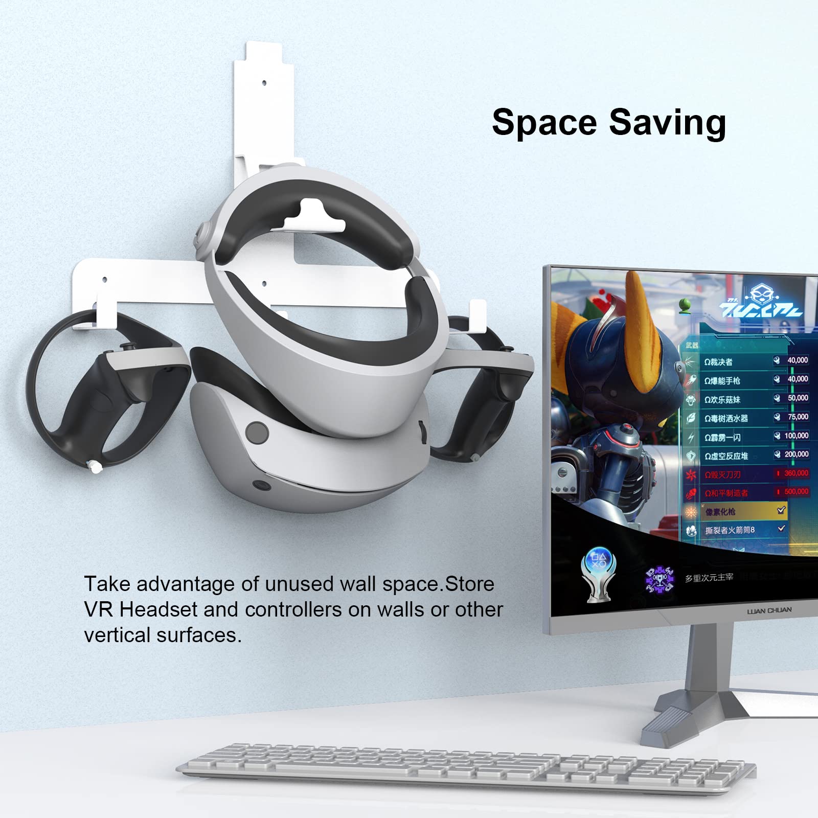 EJGAME Wall Mount Storage Stand Holder Hook Compatible with PS VR/VR2 Headsets/Meta/Oculus Quest 2/ Rift/Rift S/Valve Index/HTC Vive/HP Reverb G2, Gaming Controller Remote Hanger Space Saving