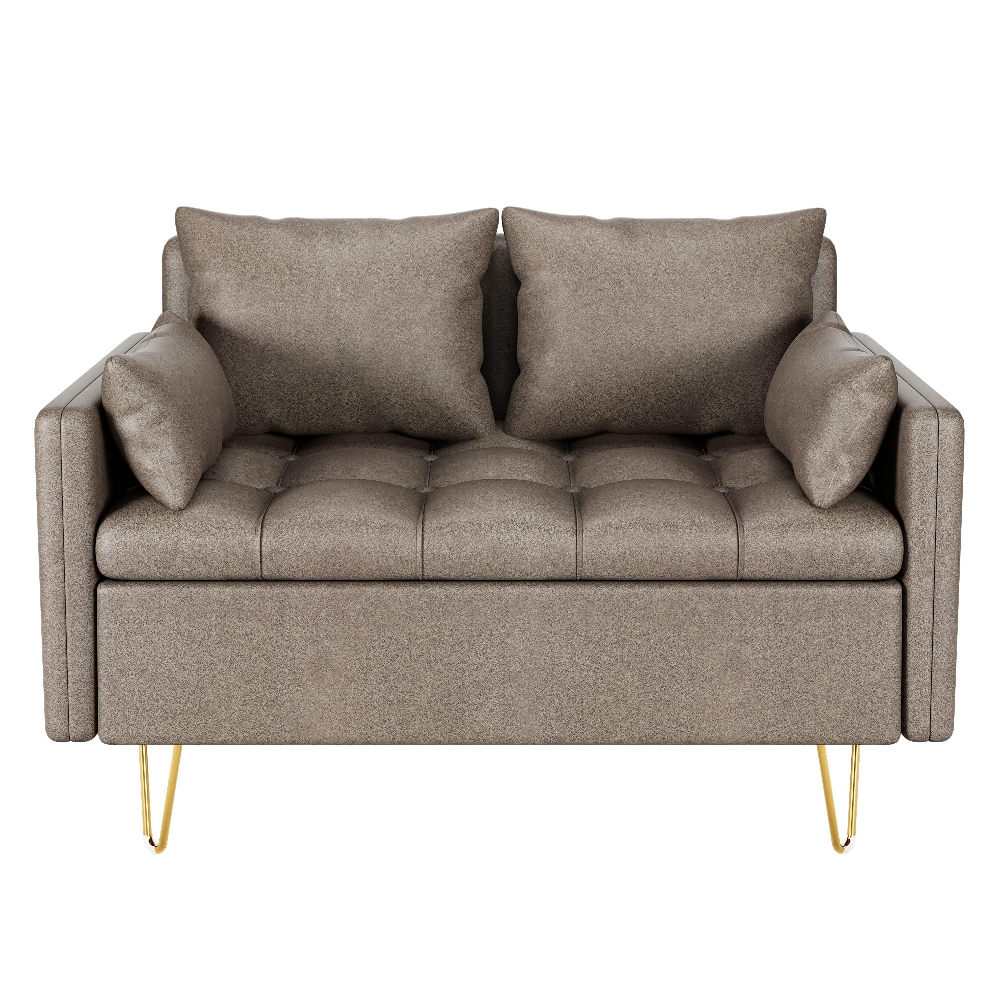 IDEALHOUSE Sofa Couch for Living Room, Loveseat Sofas with Hand Stitched Comfortable Cushion, Faux Leather Sofa with Gold Metal Legs and Lift-Up Storage, Dark Brown