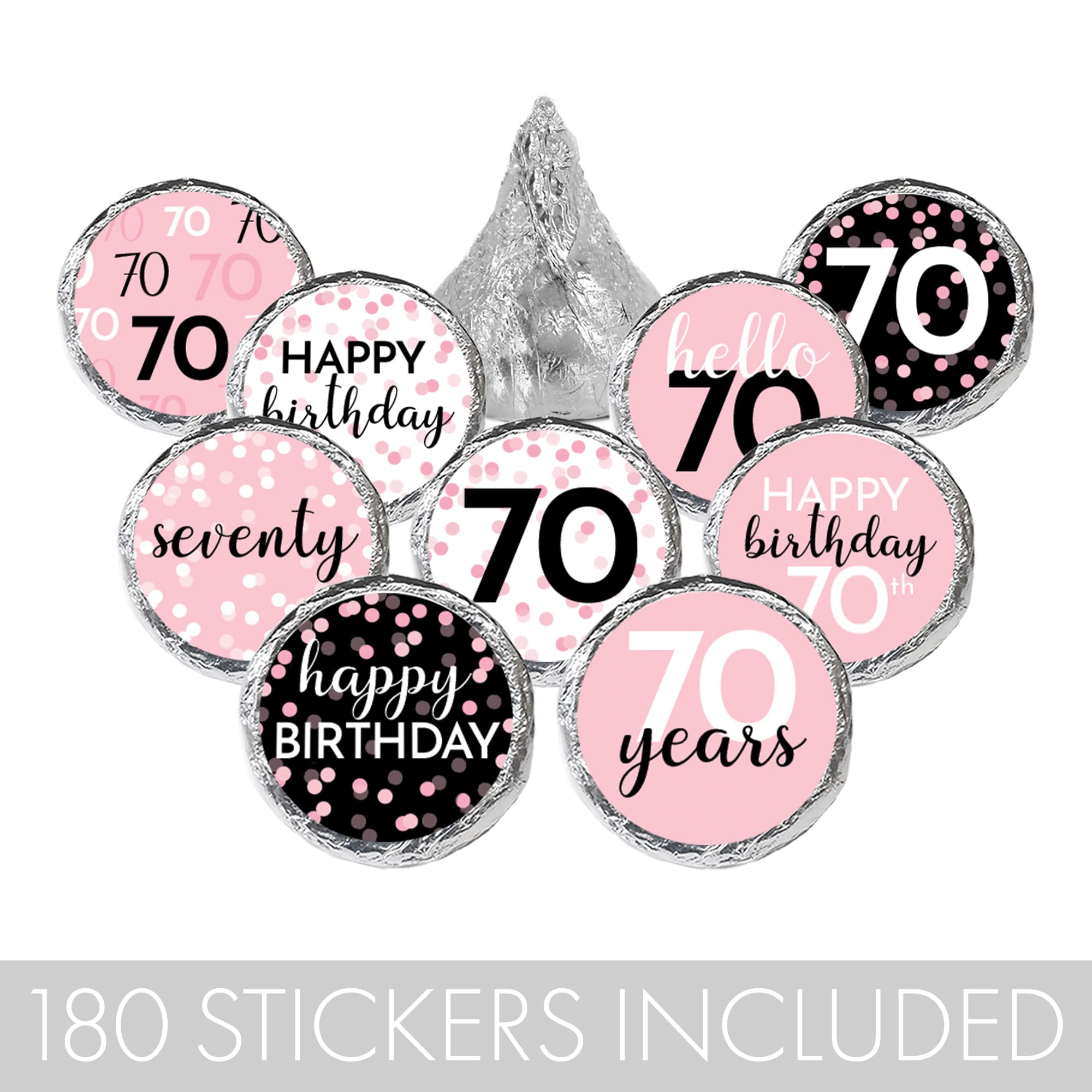 Pink, Black, and White 70th Birthday Party Favor Stickers, Chocolate Kisses Candy Stickers - 180 Count - 70th Birthday Decorations