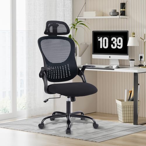 Home Office Desk Chair, Ergonomic Mesh High Back Computer Chair Height Adjustable Swivel Task Chair with Headrest and Flip-up Armrests, Black