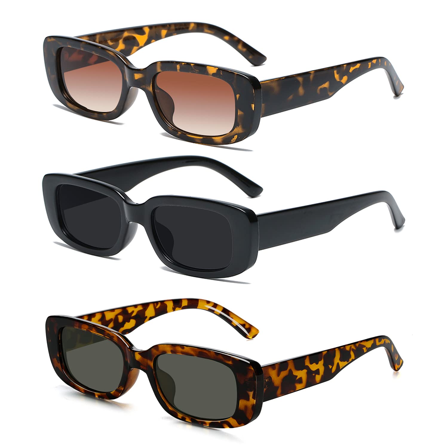 CHBP Retro Rectangle Sunglasses Womens Men Trendy Vintage Narrow Polarized UV Protection 90s Sunglasses For Women-3 Pack