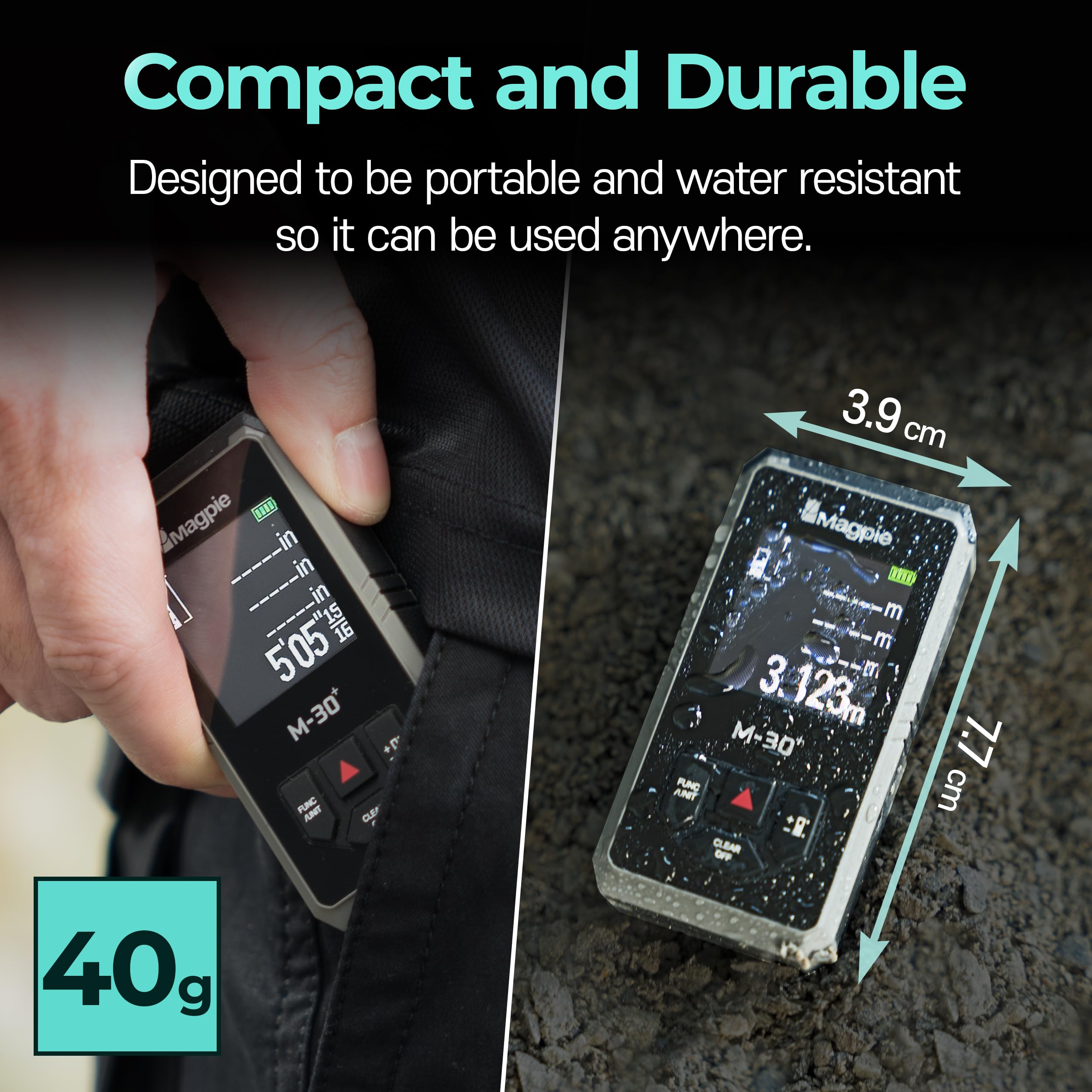 Compact Laser Measurement Tool, MAGPIE M-30+ 98ft/30m Small Laser Distance Meter, Rechargeable Laser Measure for Fast, Precise Results (Space Gray)