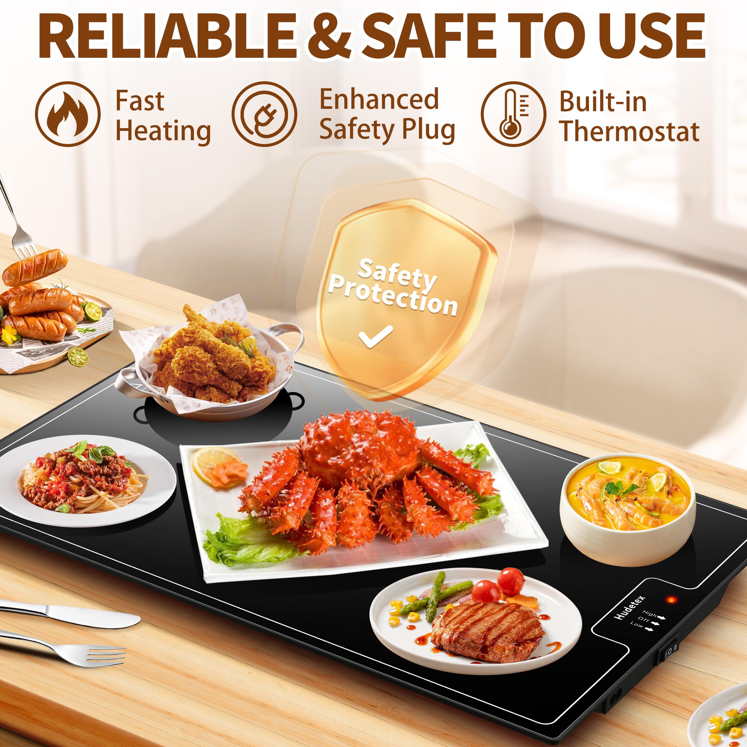 Electric Warming Tray(Large 22"x14"),Food Warmer with Thermostat and Full Surface Heating,Food Warming Mat with 2 Temperature Modes for Parties Buffet,Gatherings,Gold Edge Handles Warming Mat for Food