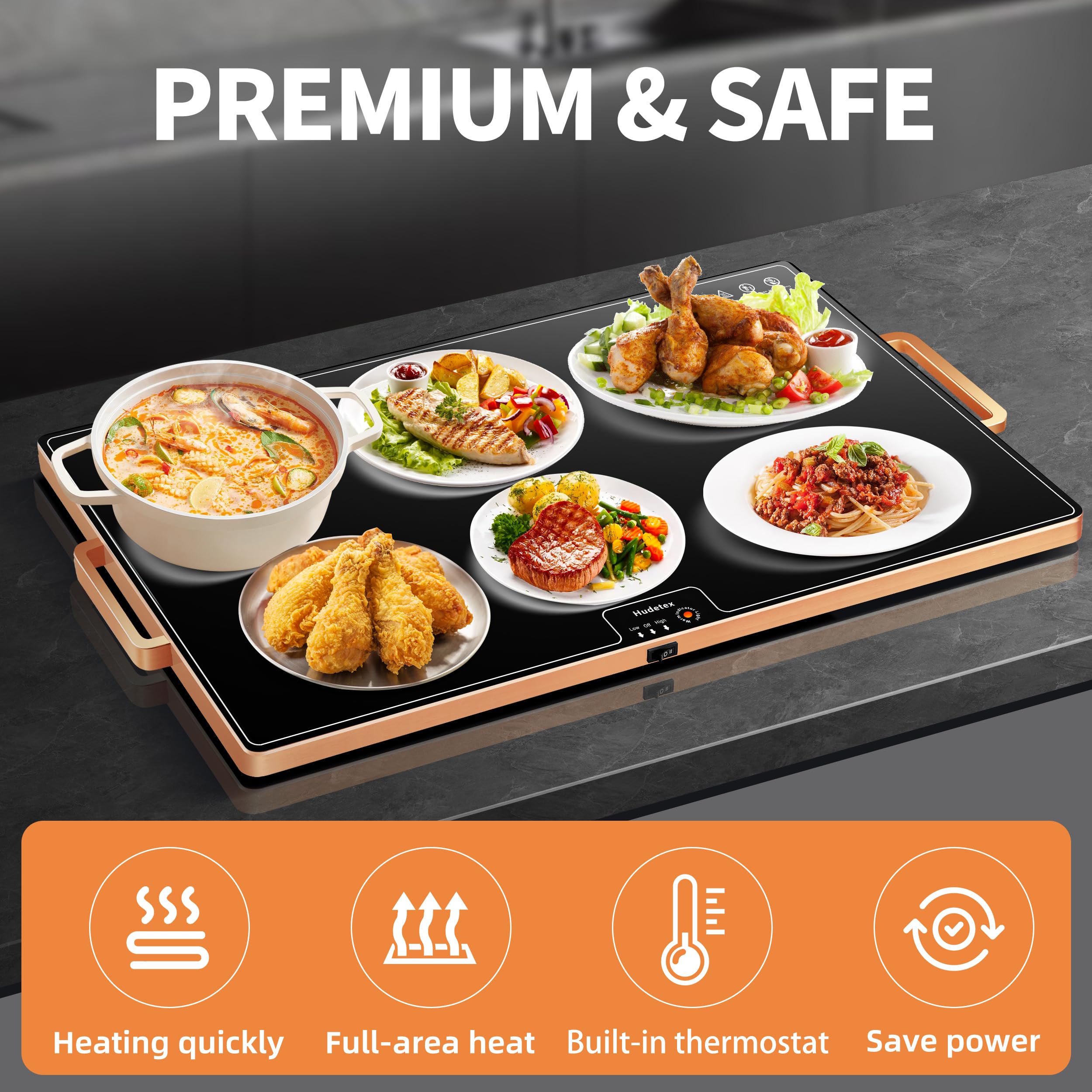 Electric Warming Tray(Large 24"x16"),Food Warmer with Thermostat and Full Surface Heating,Food Warming Mat with 2 Temperature Modes for Parties Buffet,Gatherings,Gold Edge Handles Warming Mat for Food