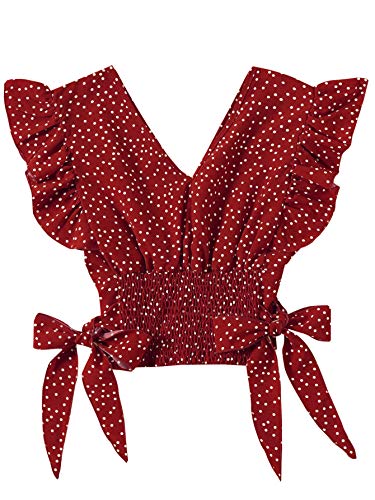 LYANER Women's V Neck Polka Dots Ruffle Cap Sleeve Shirred Hem Blouse Crop Tank Top Red Small