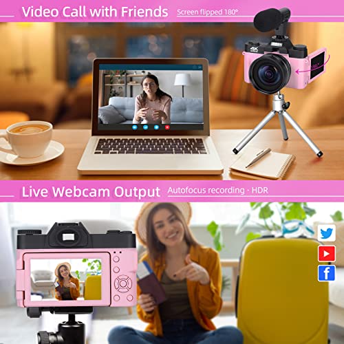 Monitech Digital Cameras for Photography, 48MP&4K Vlogging Camera for YouTube, Video Camera with Wide-Angle & Macro Lenses, 16X Digital Zoom, Flip Screen, External Microphone, 32GB TF Card - Pink