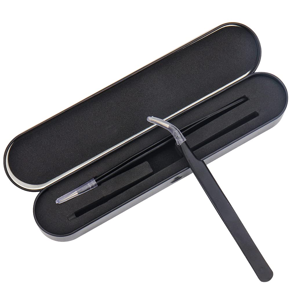 Eyelash Extension Tweezers Kit with 2pcs Black Tweezers and Storage Case, 6 HolesTweezer Display Stand,fit Lash Extension Professional Makeup Tool (Black)