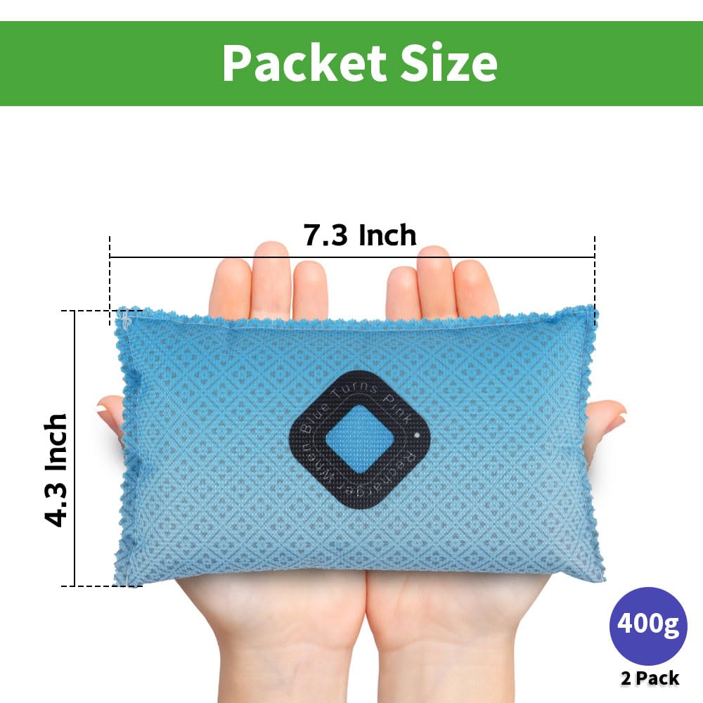 Desiccant Packs Large Rechargeable Desiccant Packets for Storage - 2 Pack 400g Dehumidifier Bags for Car Safe- Moisture Absorbing Packs for Storage Safe Clothes
