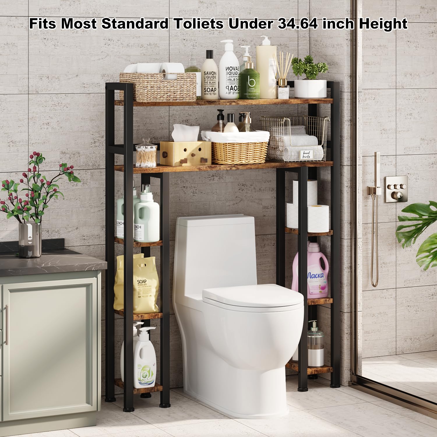 Homeiju Over The Toilet Storage Cabinet with Toilet Paper Holder Stand, 35.5'' Wide Freestanding Bathroom Organizer Space-Saving Toilet Rack for Bathroom, Restroom, Laundry, Rustic Brown