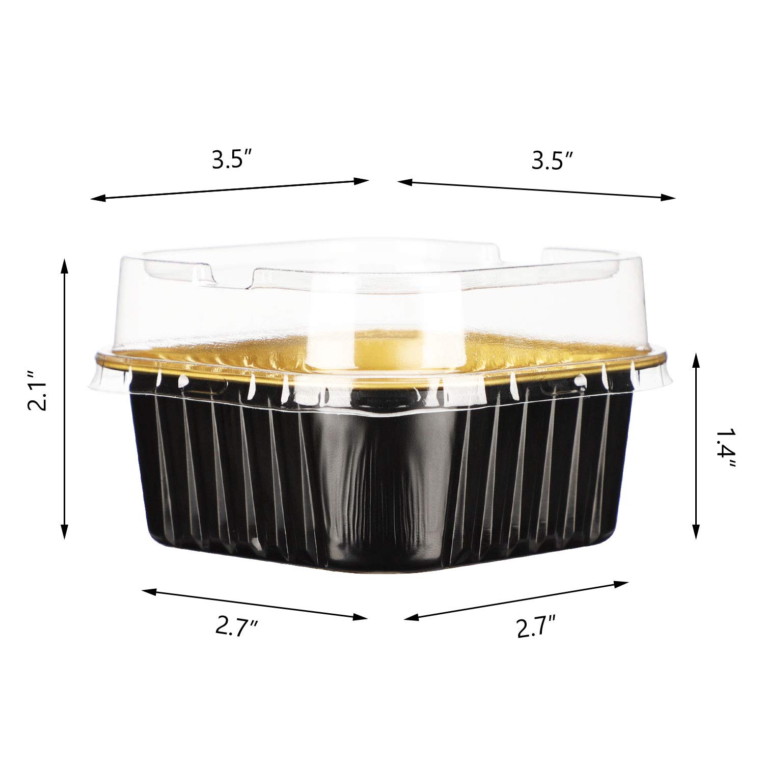 EUSOAR Cupcake Liners with lids, 5oz 50pcs Square Disposable Desserts Flan, Baking Cups with Lids, Aluminum Foil Cupcake Flan, Muffin Liners, Custard Cake Cups, Catering Gathering Favor-Black Gold