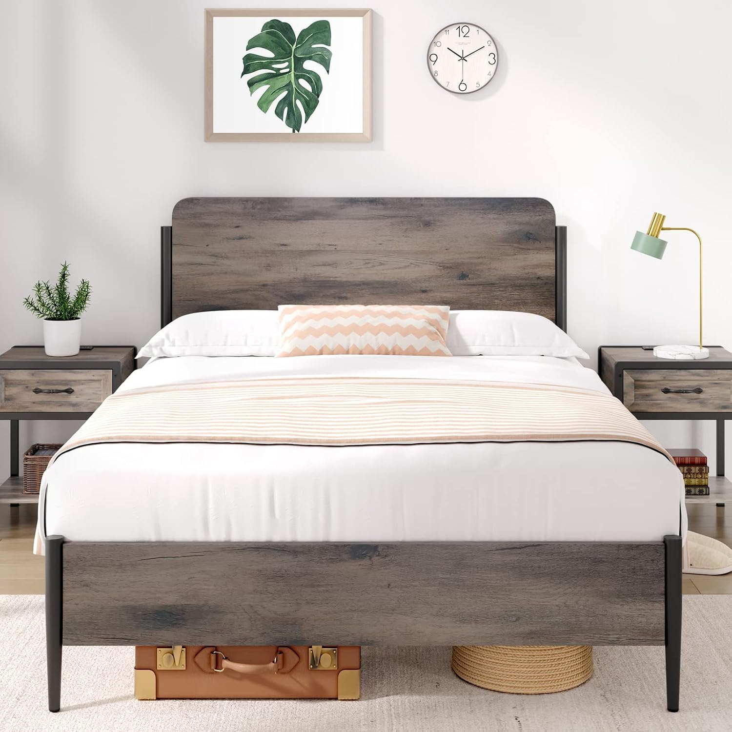 GAOMON Full Bed Frame with Rustic Vintage Wood Headboard & Safe Rounded Corners, Full Size Bed Frame Strong Metal Slats Support, Mattress Foundation, No Box Spring Needed, Noise-Free