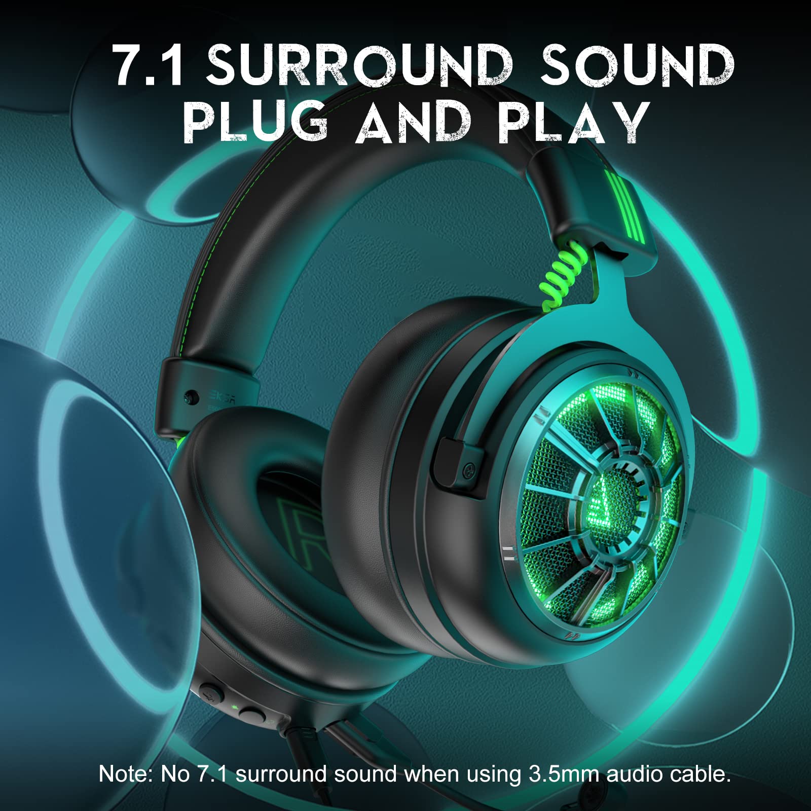 EKSA PC Gaming Headset - Headset with Detachable Noise Cancelling Microphone,7.1 Surround Sound,Dual Chamber Driver,Gaming Headphone for PS4,PS5,PC,Xbox one,Switch,Computer (StarEngine, Black-Green)