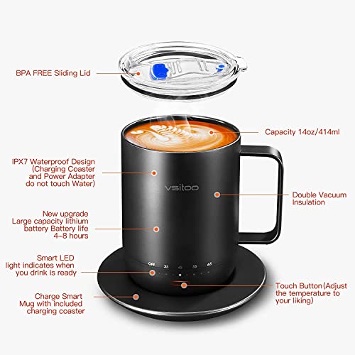 vsitoo S3 Pro Temperature Control Smart Mug, Coffee Mug Warmer for Desk Home Office, App Controlled Heated Coffee Cup, Self Heating Coffee Mug Improved Design- 14 oz