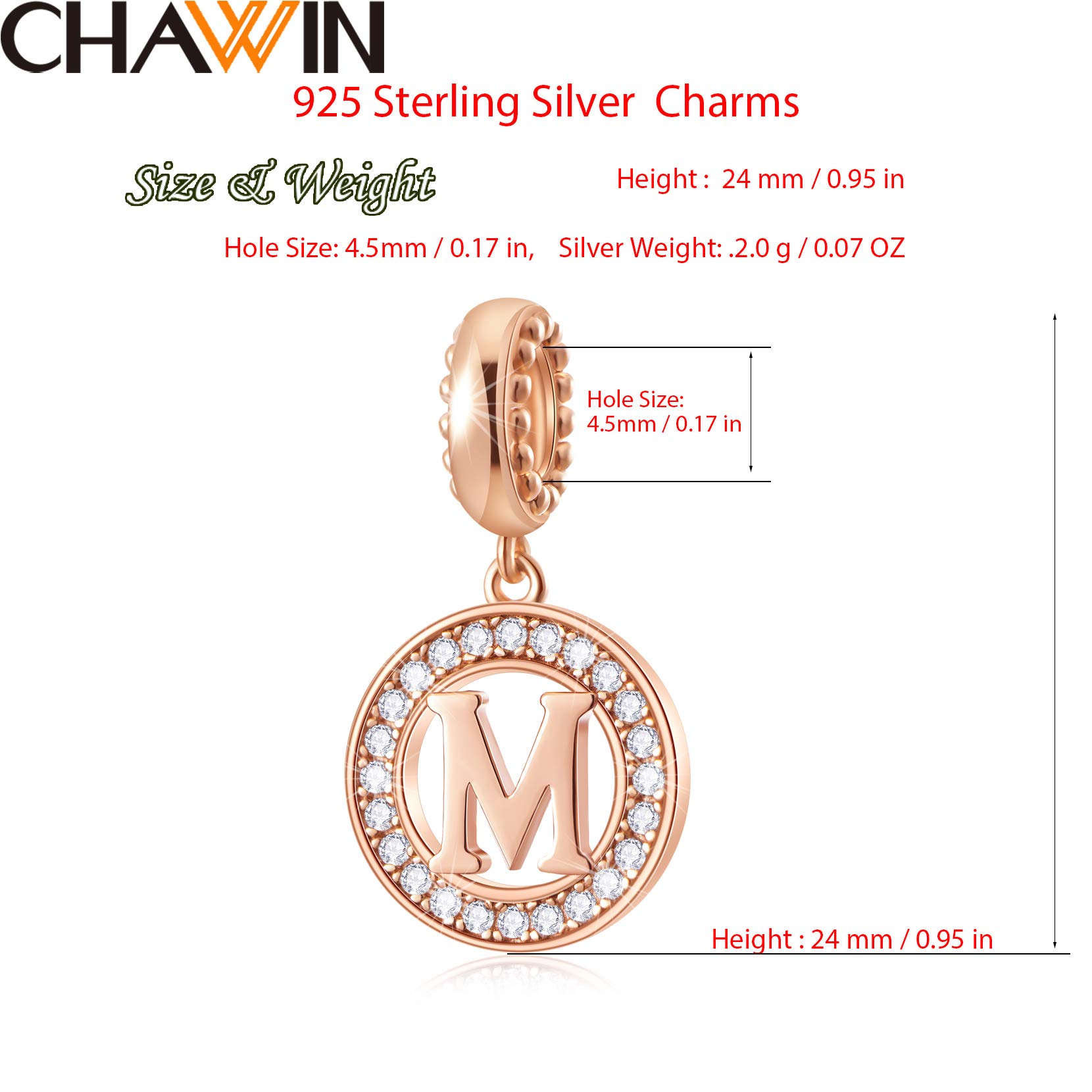 CHAWIN Initial M Letter Charms, Alphabet Charms Rose Gold, Authentic 925 Sterling Silver Charms fit Pandora Charm Bracelets, Necklace, Circle Dangle Charm Gift for Women, Sparkling Clear Stones