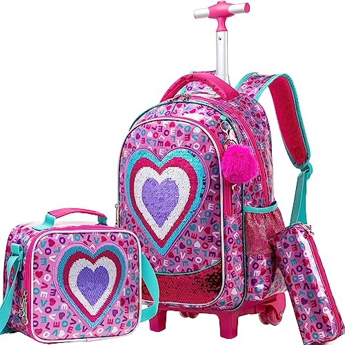 JSMNIAI Rolling Backpack for Girls Backpack with Wheels Kids Luggage for Elementary Students with Lunch Box Set Love Travel Suitcase for Girls Age 6-8