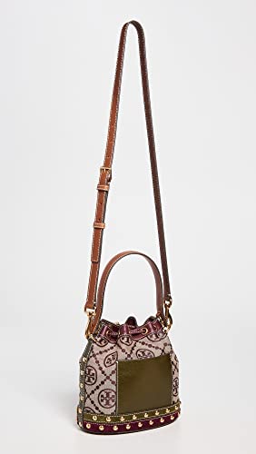 Tory Burch Women's T Monogram Jacquard Studded Bucket Bag, Claret, Red, Print, One Size