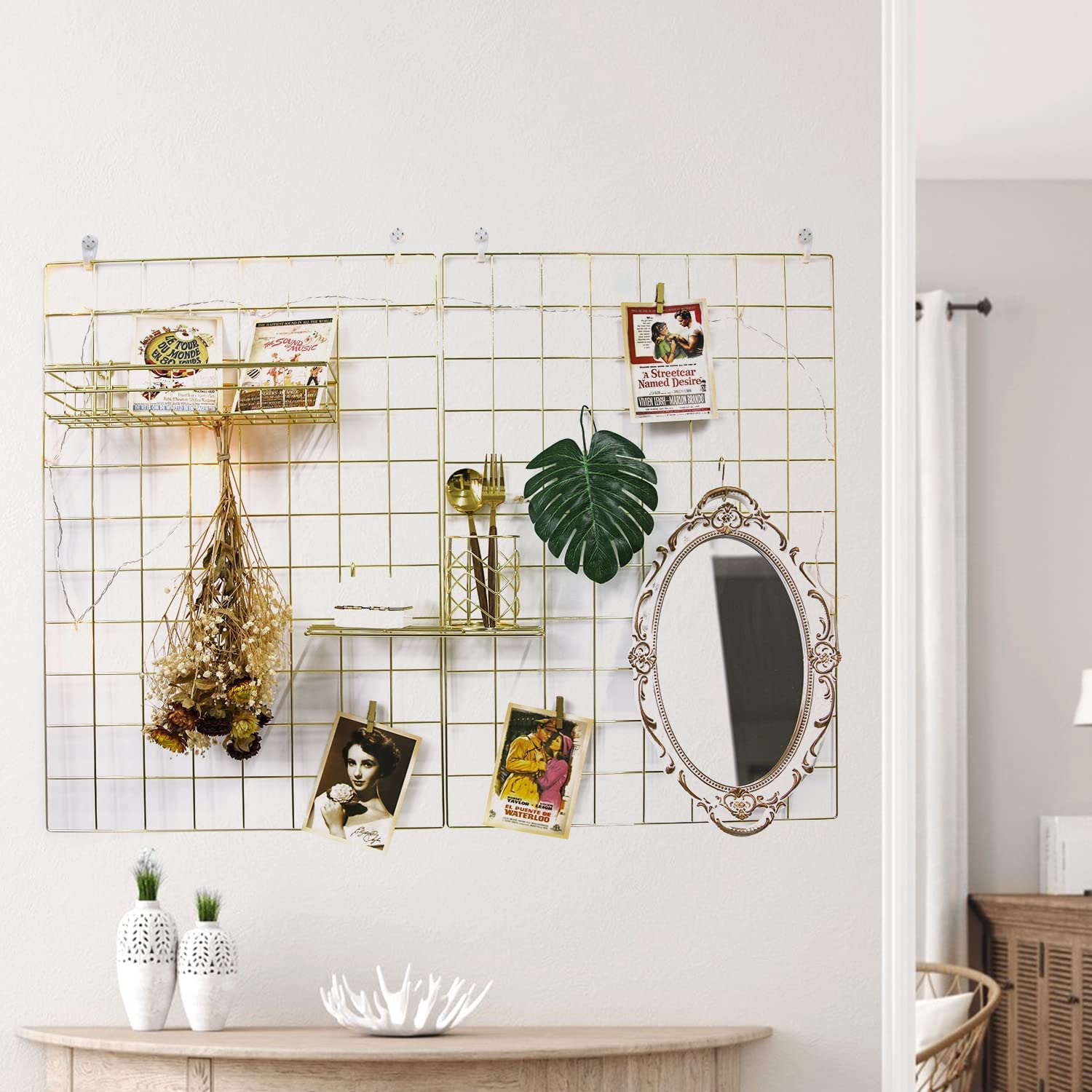 BULYZER Grid Wire Board,for Memo Picture Panel Wall Decoration for Room Office Mat Photo Hanging Art Display Frames Desk Storage Organizer,17.3" x 11.8"(2Pack) (Gold)