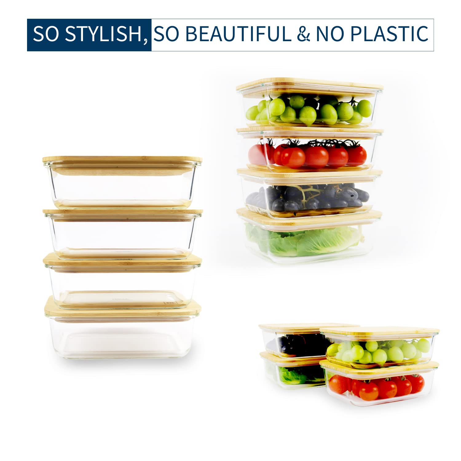 DE Glass Food Storage Containers with Bamboo Lids (4 Pack, 36 Ounce) Eco Friendly Meal Prep Containers Reusable β Airtight, Plastic Free, BPA Free