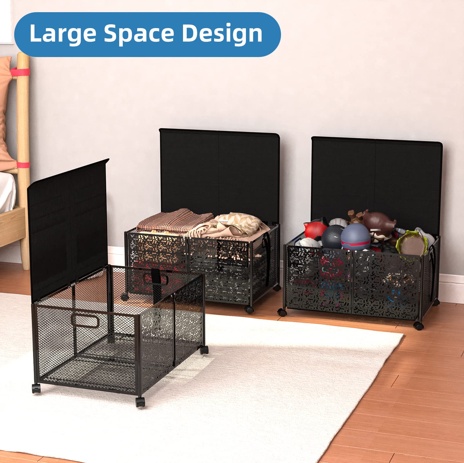 IDMOP Large Metal Toy Box Storage,Toy Box Chest with Lid,Collapsible Sturdy Toy Storage Bins With Wheels,Toy Storage Baskets with Handles for Nursery Playroom (2 Pack, Black)