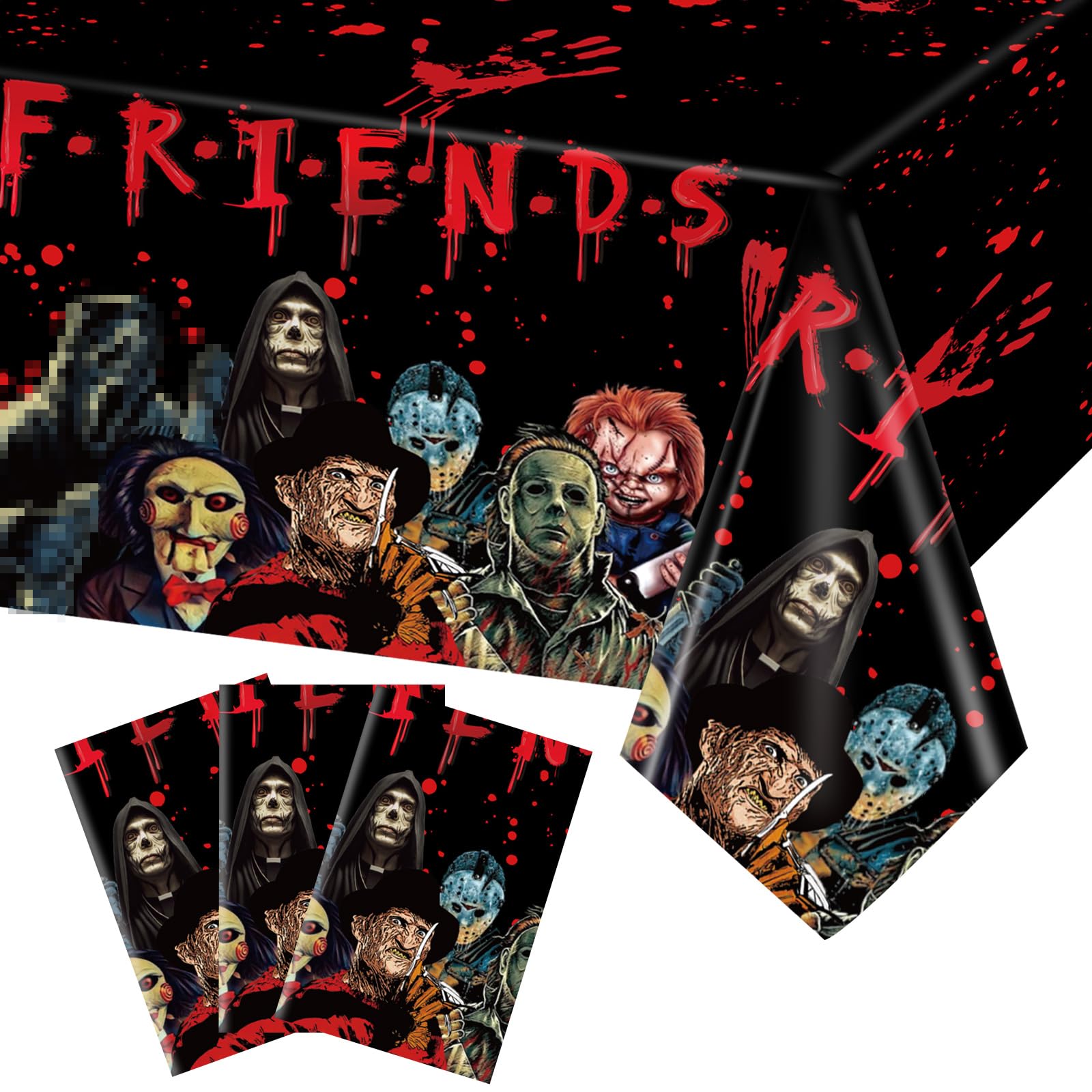 FYSUIMU 3Pcs Halloween Tablecloth 54 x 108 Inch Horror Movie Character Plastic Disposable Waterproof Table Cover for Birthday Party Home Kitchen Table Decor