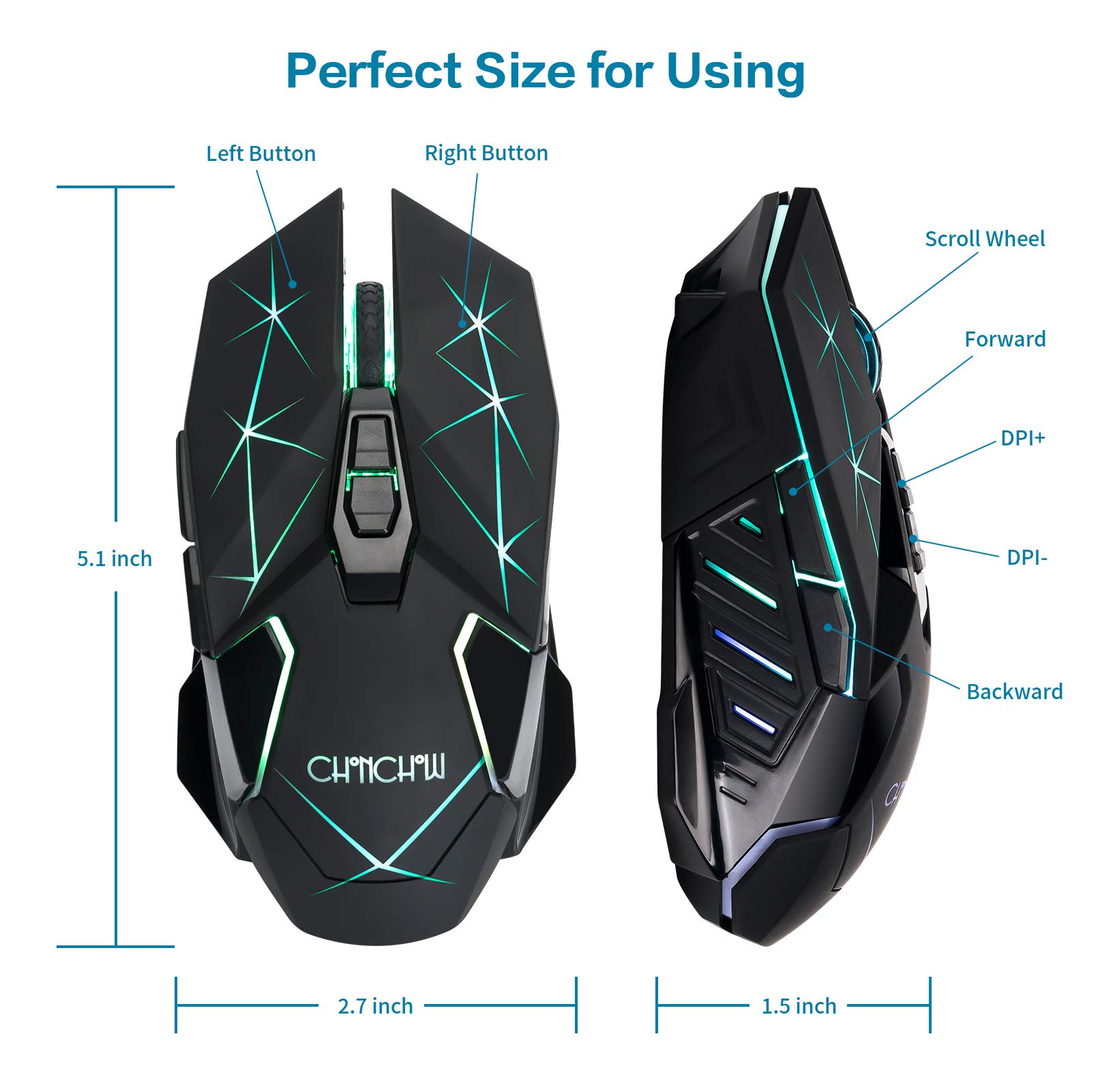 CHONCHOW Wireless USB Mouse Rechargeable 2.4G Rainbow LED Backlit 7 Button Multi DPI Nano Receiver for PC Laptop TV Compatible with Window PS 4 5 Switch Xbox one
