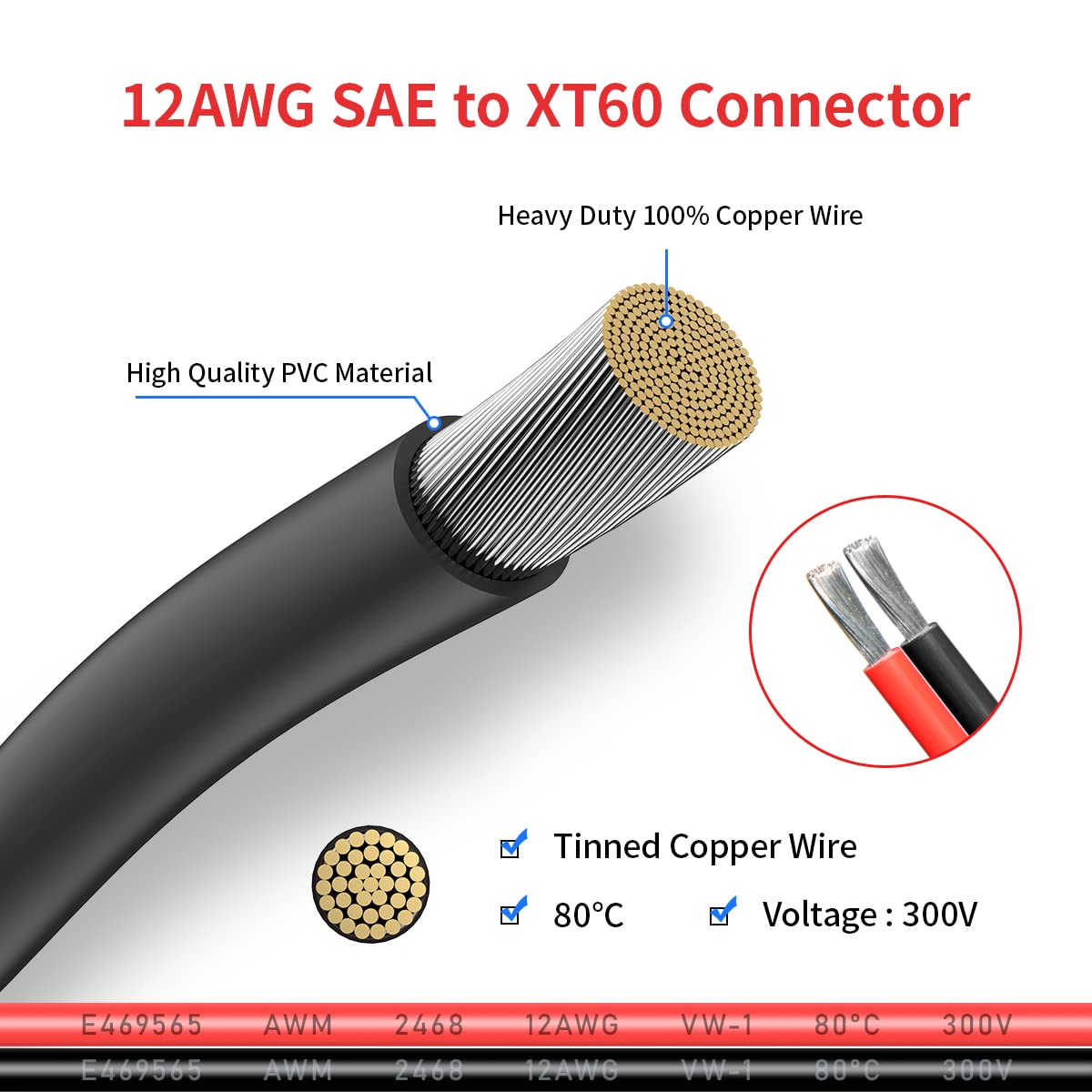 ELFCULB 12AWG XT60 to SAE Connector Extension Cable with SAE Polarity Reverse Adapter for Portable Power Station Solar Panel Solar Generator(6FT)