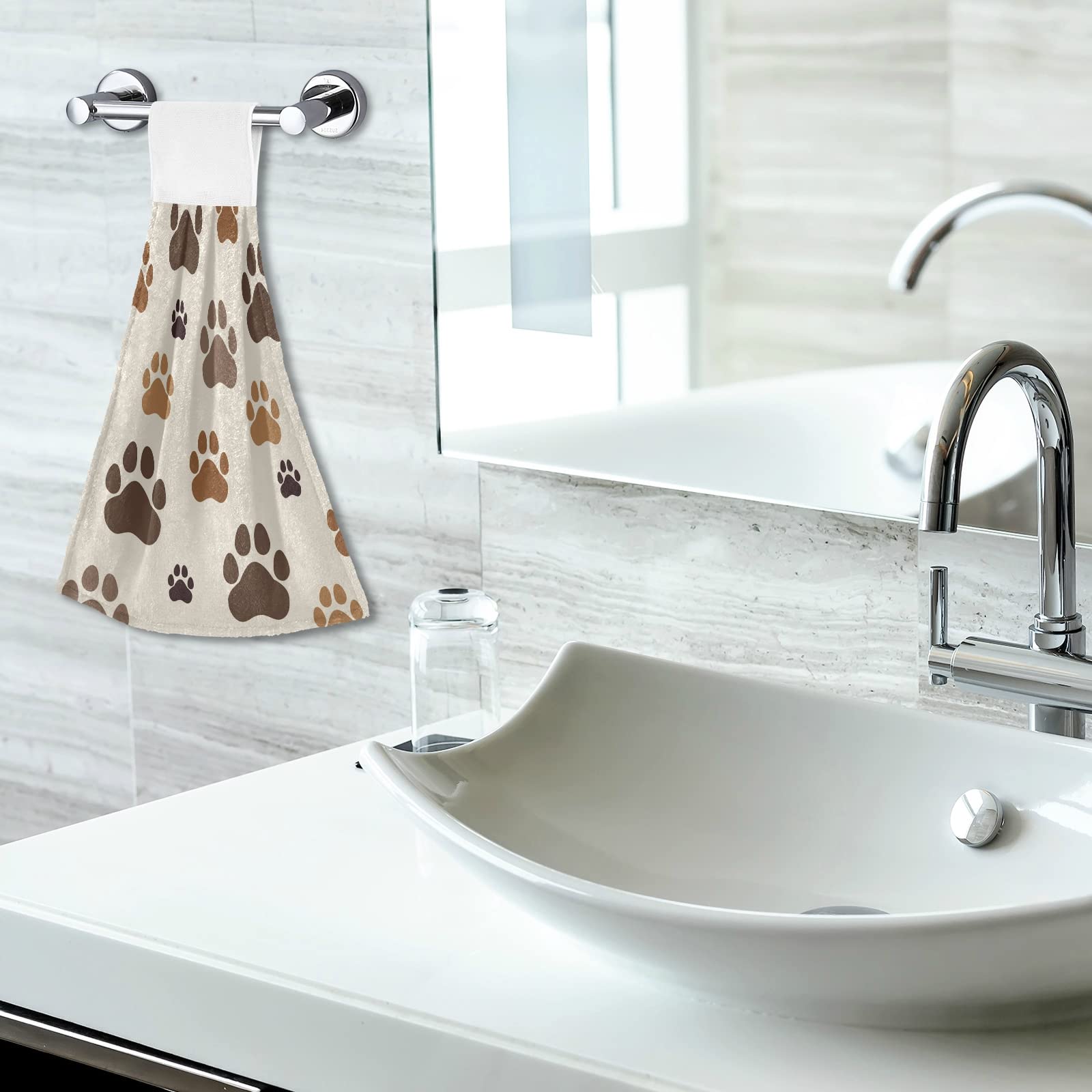 Dogs Paw Prints Hanging Kitchen Towels Animal Pets Bathroom Hand Tie Towel Fast Drying Dish Tea Towels for Bath Tabletop Gym Home Decor Set of 2