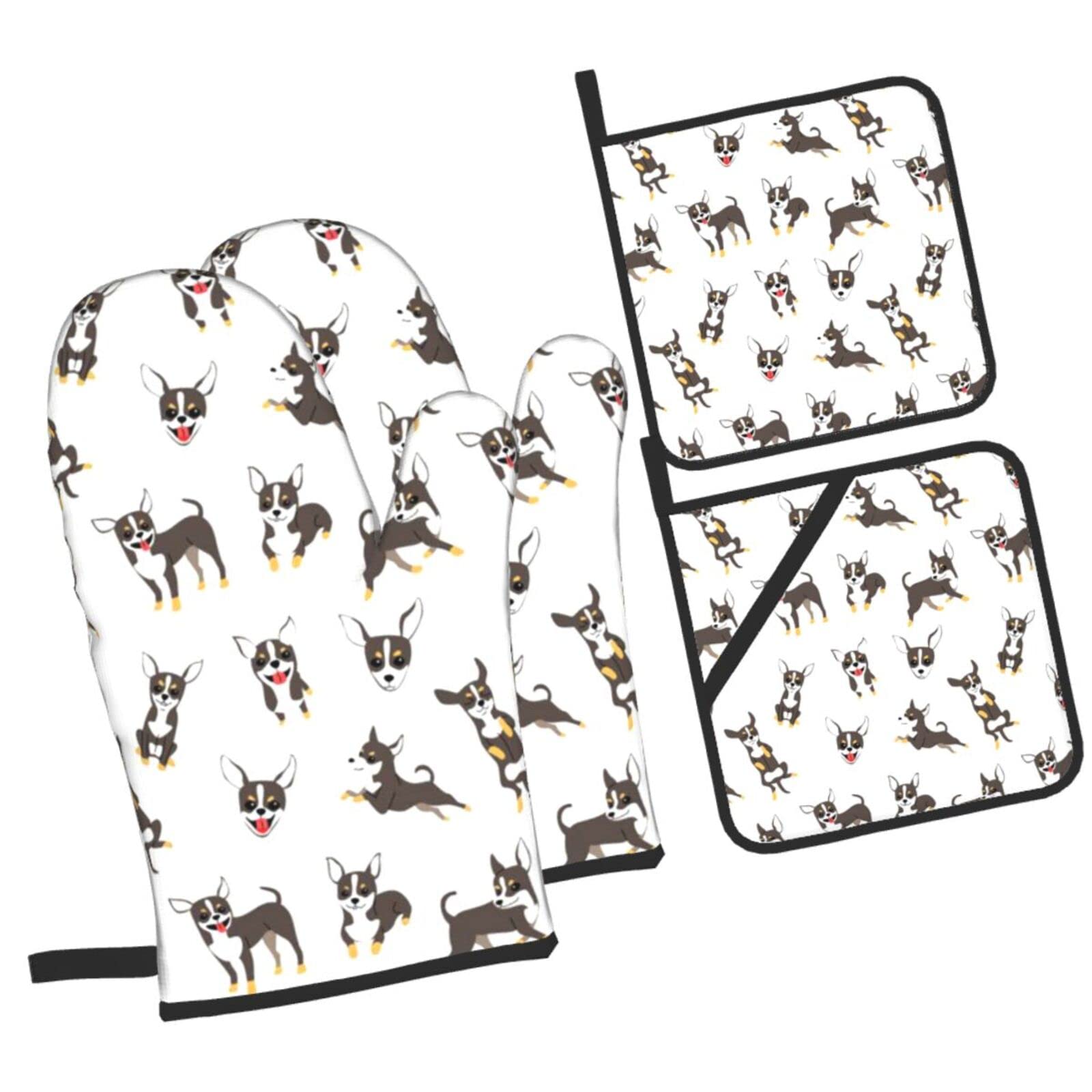 Cute Chihuahua Pattern Oven Mitts and Pot Holders Sets Kitchen Hot Pad Non-Slip Heat Resistant Waterproof Baking BBQ Cooking Gloves(4 Piece)