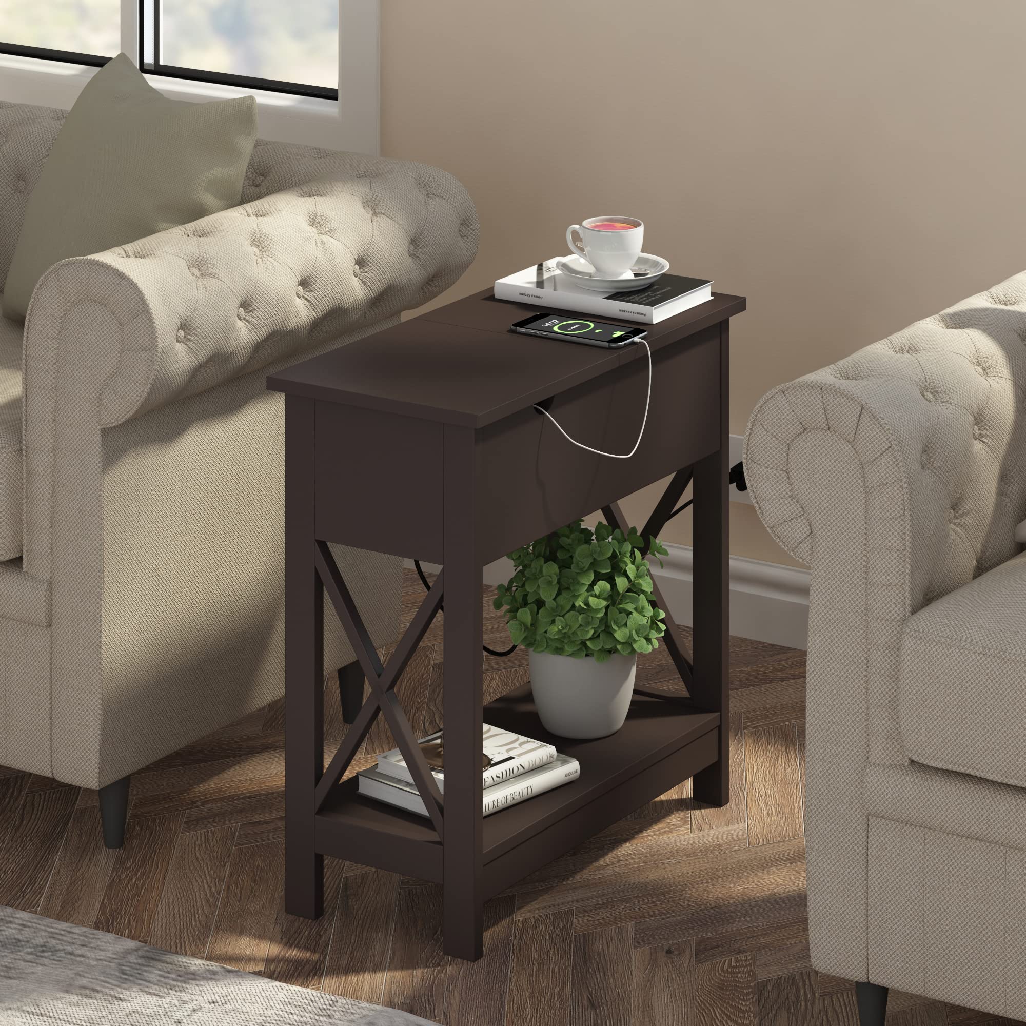 ChooChoo End Table with Charging Station, Narrow Flip Top Side Table with USB Ports & Power Outlets for Small Spaces, Bedside Table with Storage, Nightstand Sofa Table Living room, Bedroom Espresso