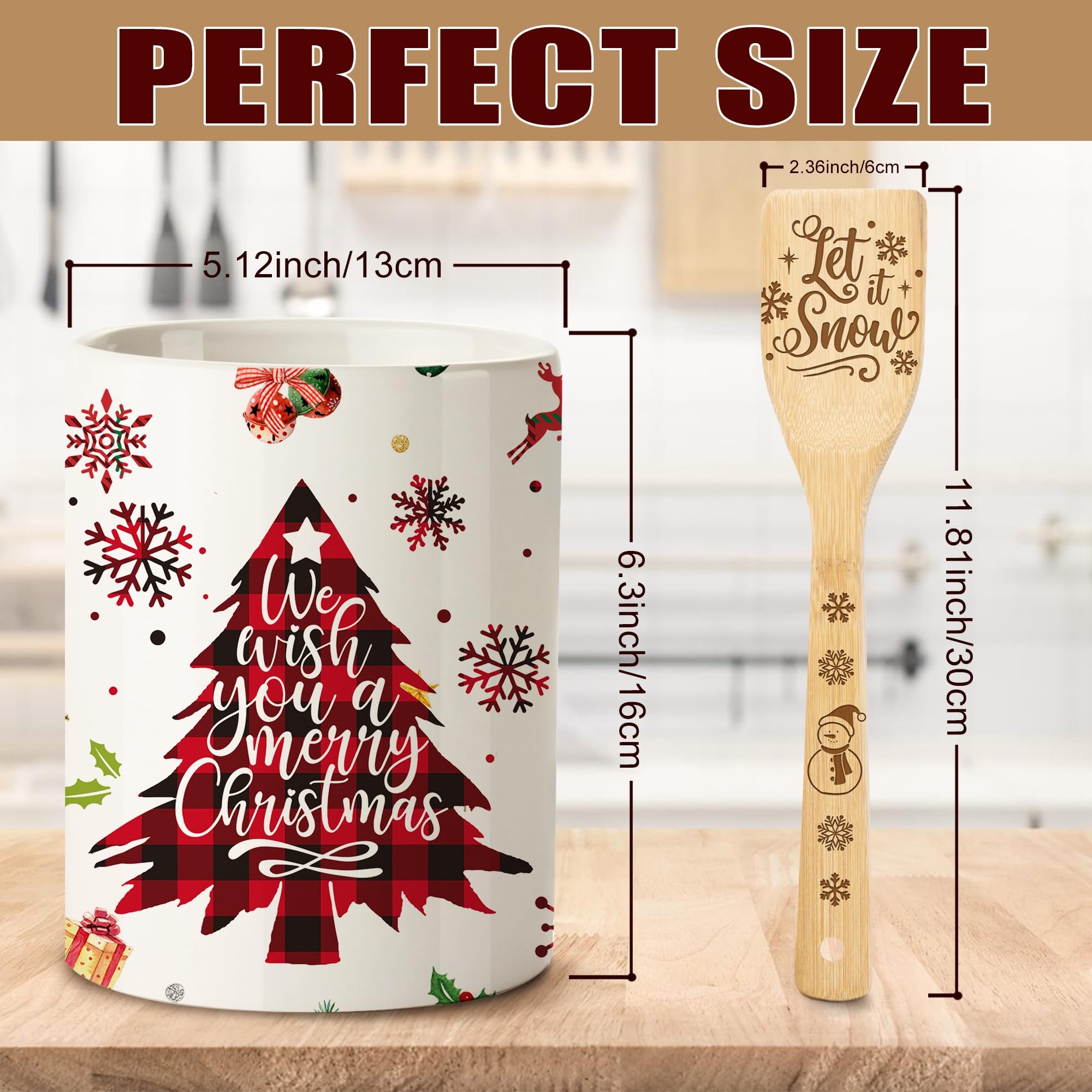 Christmas Decorations, Christmas Utensil Holder for Kitchen Counter, Christmas Tree Indoor Kitchen Decor for Countertop, Kitchen Utensil Organizer with Bamboo Utensils Set(5.12" x 5.12" x 6.3")