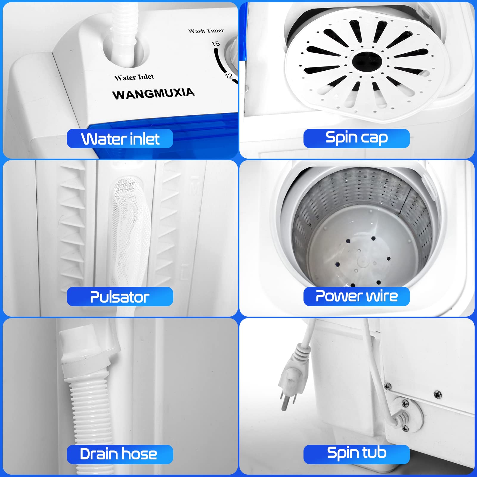 WANGMUXIA Portable Waher and Dryer, 2-in-1 Twin Tub 20lbs Capacity Washer(12lbs) and Spinner dryer(8lbs) Built-in Drain Pump,Timer Function, Apartments, Dorms, College Rooms, RV’s and more