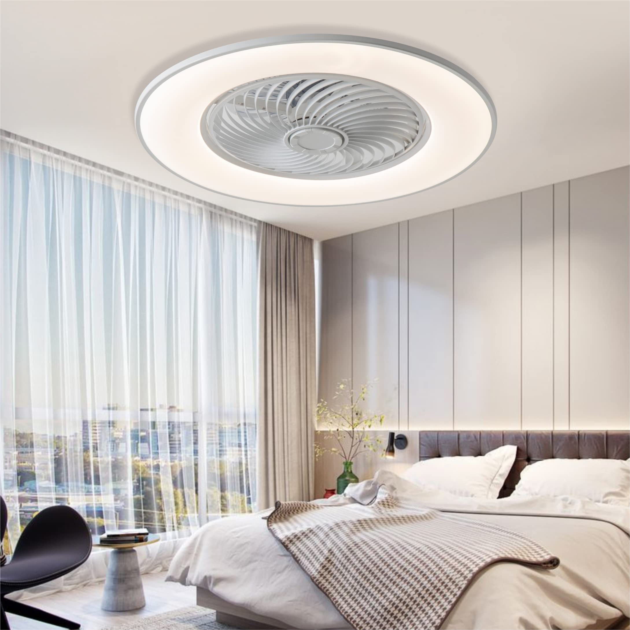 CHANFOK 22" Low Profile Ceiling Fan with Light ,Remote Control LED Fully Dimmable Lighting Enclosed Blades with Wind Guide Wheel - Flush Mount-
