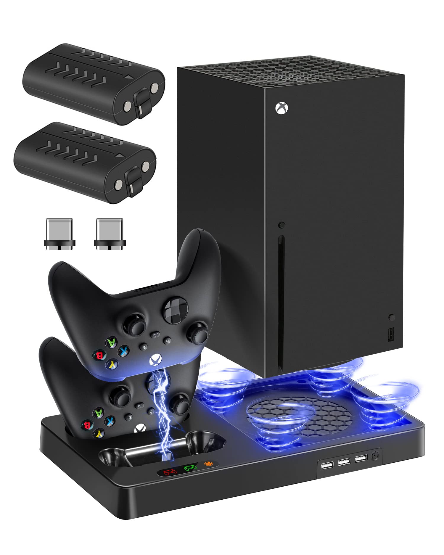 DEVASO Cooling Stand Compatible with Xbox Series X, Charging Station Dock with 2 Rechargeable Battery Pack and Dual Controller Charger Ports,3 Extra USB Ports, Black