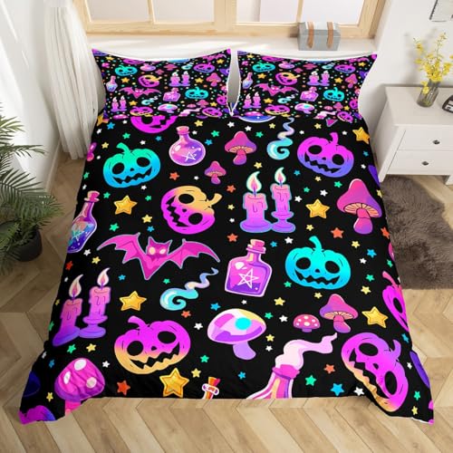 Feelyou Halloween Bedding Set Twin Size Glitter Pumpkin Lantern Comforter Cover Set Fluorescence Bat Vintage Halloween Decor Magic Potion Duvet Cover Purple Bedspread Cover Quilt Cover(No Comforter)